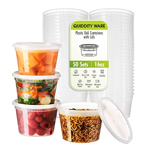 QUIDDITY WARE (16oz-Deli Containers with Lids Leakproof - 50 Pack BPA-Free Plastic Microwaveable Clear Food Storage Container Premium Heavy-Duty Quality, Freezer & Dishwasher Safe