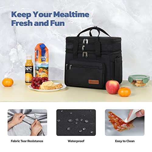 Maelstrom Lunch Box For Men Women,Insulated Lunch Bag Women,Expandable Double Deck Lunch Cooler Bag,Lightweight Leakproof Lunch Tote Bag With Side Tissue Pocket,Suit For Work School 18L,Black