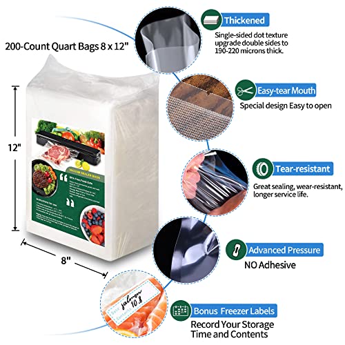 200 Vacuum Sealer Bags, 8 x 12 inch Thick BPA Free Quart Food Vac Storage Bags Compatible with All Vac Machines, Food Saver, Seal a Meal, Weston, Commercial Grade Precut Meal Prep Sous Vide Bags