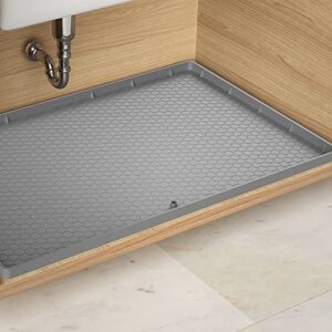 under sink mat – waterproof kitchen cabinet tray – 34″ x 22″ flexible silicone under sink liner with drain hole – kitchen bathroom cabinet mat and protector for drips leaks spills