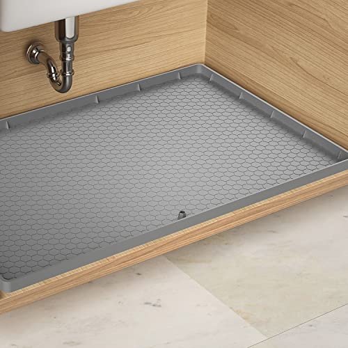 Under Sink Mat - Waterproof Kitchen Cabinet Tray - 34" x 22" Flexible Silicone Under Sink Liner with Drain Hole - Kitchen Bathroom Cabinet Mat and Protector for Drips Leaks Spills