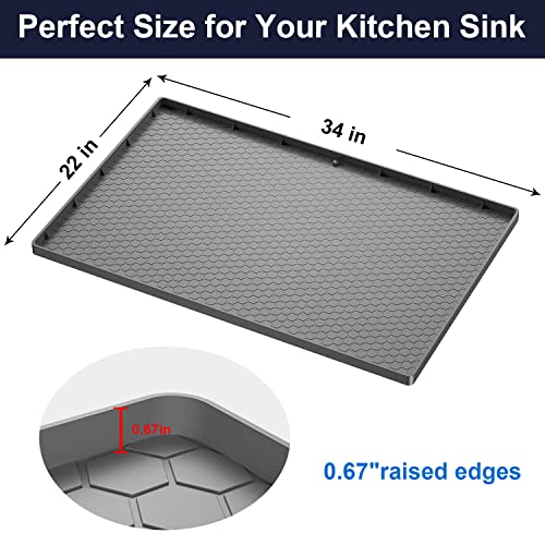 Under Sink Mat - Waterproof Kitchen Cabinet Tray - 34" x 22" Flexible Silicone Under Sink Liner with Drain Hole - Kitchen Bathroom Cabinet Mat and Protector for Drips Leaks Spills