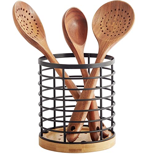 WDT Tool Utensil holder for Kitchen Counter - 5.2" x 5.2" x 6" Large Round Utensils Holder with Wooden Base Matte Black Cooking Utensil Holder，Kitchen countertop Utensil Organizer (Metal+Bamboo)