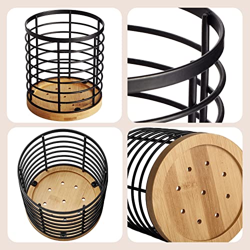 WDT Tool Utensil holder for Kitchen Counter - 5.2" x 5.2" x 6" Large Round Utensils Holder with Wooden Base Matte Black Cooking Utensil Holder，Kitchen countertop Utensil Organizer (Metal+Bamboo)