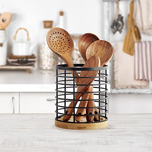 WDT Tool Utensil holder for Kitchen Counter - 5.2" x 5.2" x 6" Large Round Utensils Holder with Wooden Base Matte Black Cooking Utensil Holder，Kitchen countertop Utensil Organizer (Metal+Bamboo)