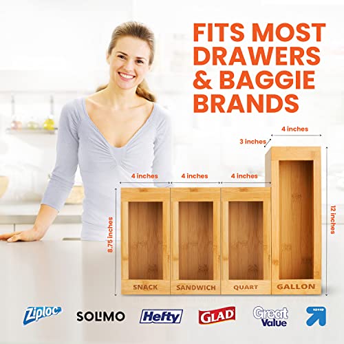 mHomeAid Bag Storage Organizer - Bamboo Food Plastic Baggie Holder, Dispenser, and Container for Kitchen Drawer and Cabinet - Fits Ziplock and Ziploc Gallon, Quart, Sandwich & Snack Sized Slider Bags