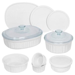 corningware french white 12-pc ceramic bakeware set with lids, chip and crack resistant stoneware baking dish, microwave, dishwasher, oven, freezer and fridge safe