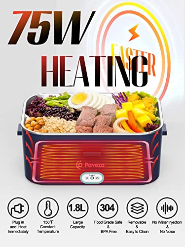 Pavezo Electric Lunch Box [Faster-75W, Large-1.8L] Food Heated Lunch Box, 12V/24V/110V Food Warmer Lunch Box for Car Truck Home, With Airtight Lid, SS Container, Fork Spoon, Carry Bag