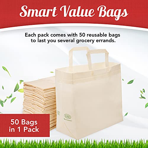 Simply Cool 50 Pack Reusable Eco-Friendly Grocery Shopping Bags 14.5"x14"x6.6" Durable, Recyclable,Washable, Foldable, Portable Tote Bag (50 Pack Reusable Bags, Cream)