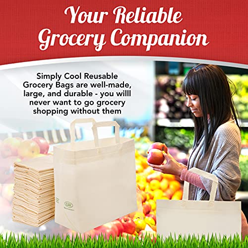 Simply Cool 50 Pack Reusable Eco-Friendly Grocery Shopping Bags 14.5"x14"x6.6" Durable, Recyclable,Washable, Foldable, Portable Tote Bag (50 Pack Reusable Bags, Cream)