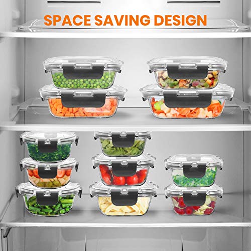 NutriChef Superior Glass Food Storage - 24-Piece Stackable, Meal-prep Containers w/ Newly Innovated Hinged BPA-Free 100% Leakproof Locking Lids - Freezer-to-Oven-Safe NCGLGY (Gray)