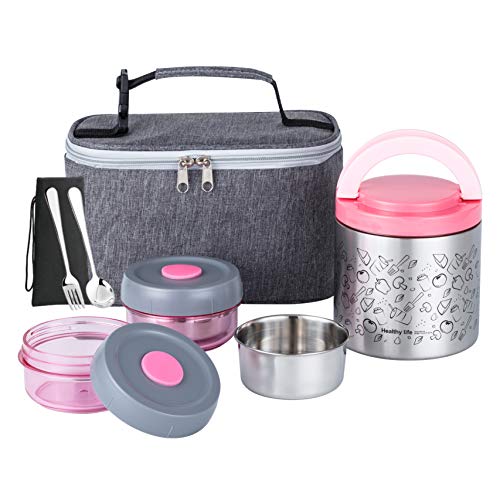 Lille Home Lunch Box Set, An Vacuum Insulated Bento/Snack Box Keeping Food Warm for 4-6 Hours, Two BPA-Free Food Containers, A Lunch Bag, A Portable Cutlery Set, Smart Diet, Weight Control (Pink)