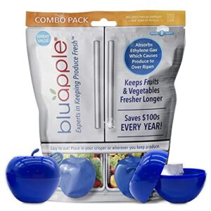 bluapple produce saver combo pack – keeps fruits & veggies fresh in refrigerator crisper/shelves, lasts up to 3 months, 8 packets and 2 bluapples for 1 year, bpa free ethylene gas absorber, usa made