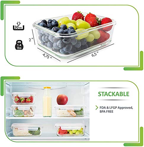 [5-pack, 30oz] Glass Container Food Storage Containers with Lids - Leak Proof Meal Prep Container Glass Lunch Containers - Freezer Containers Microwave Oven Dishwasher Safe