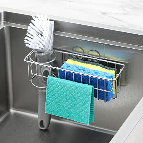 3-In-1 Sponge Holder for Kitchen Sink, 2 Type Suspension Options (Suction Cups & Adhesive Hook), Hanging Sink Caddy Organizer Rack - Sponge, Dish Cloth, Brush, Scrubber, Soap Tray, 304 Stainless Steel