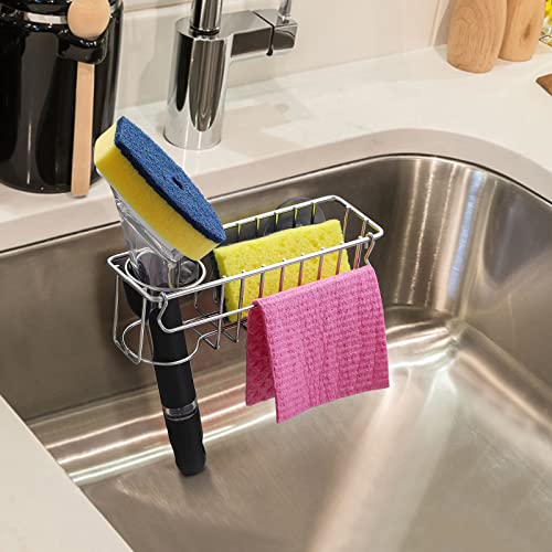 3-In-1 Sponge Holder for Kitchen Sink, 2 Type Suspension Options (Suction Cups & Adhesive Hook), Hanging Sink Caddy Organizer Rack - Sponge, Dish Cloth, Brush, Scrubber, Soap Tray, 304 Stainless Steel