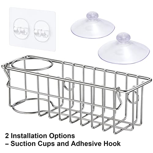 3-In-1 Sponge Holder for Kitchen Sink, 2 Type Suspension Options (Suction Cups & Adhesive Hook), Hanging Sink Caddy Organizer Rack - Sponge, Dish Cloth, Brush, Scrubber, Soap Tray, 304 Stainless Steel