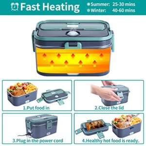 DUPASU Electric Lunch Box 60W Food Heated 12V 24V 110V Portable Food Warmer Heater for Car/Truck/Home Self Heating Box with 1.8L 304 Stainless Steel Container 0.45L Compartment (Green+Royal blue)