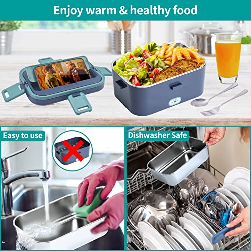 DUPASU Electric Lunch Box 60W Food Heated 12V 24V 110V Portable Food Warmer Heater for Car/Truck/Home Self Heating Box with 1.8L 304 Stainless Steel Container 0.45L Compartment (Green+Royal blue)