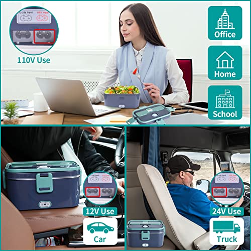 DUPASU Electric Lunch Box 60W Food Heated 12V 24V 110V Portable Food Warmer Heater for Car/Truck/Home Self Heating Box with 1.8L 304 Stainless Steel Container 0.45L Compartment (Green+Royal blue)