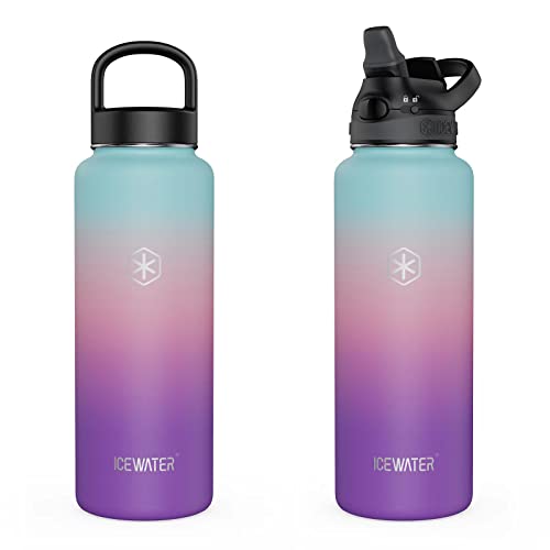 ICEWATER-40 oz, 2 Lids(Soft Auto Straw & Wide Mouth),Insulated Water Bottle,18/8 Stainless Steel,BPA-Free,Vacuum Double Walled,Leak Proof (40 oz, Purple)