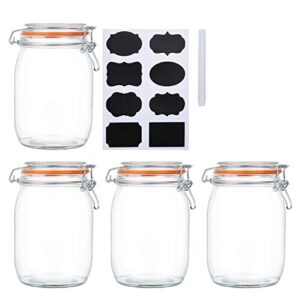 encheng 32 oz glass jars with airtight lids and leak proof rubber gasket,wide mouth mason jars with hinged lids for kitchen canisters 1000ml, glass storage containers 4 pack