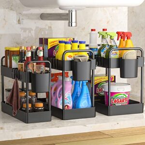 3 pack under sink organizers and storage with dividers,2-tier bathroom organizer under sink,kitchen organization,cabinet organizer with hooks,hanging cup,dividers,handles