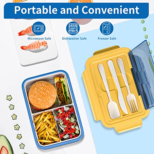 Bento Lunch Box for Kids, 1400 ML Bento Box Adult Lunch Box for Men Women with Cutlery & Salad Dressing Container To Go, Leak-Proof Meal Prep Container for Work School Travel, No BPA, Microwave Safe