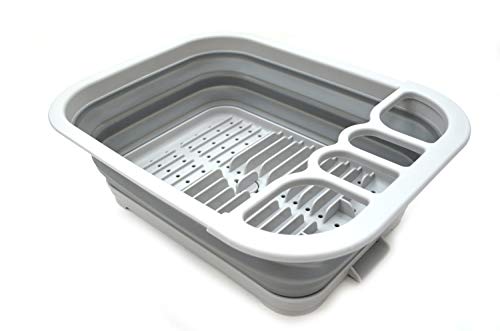 SAMMART Collapsible Dish Drainer with Drainer Board - Foldable Drying Rack Set - Portable Dinnerware Organizer - Space Saving Kitchen Storage Tray (1, Grey)