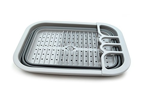 SAMMART Collapsible Dish Drainer with Drainer Board - Foldable Drying Rack Set - Portable Dinnerware Organizer - Space Saving Kitchen Storage Tray (1, Grey)