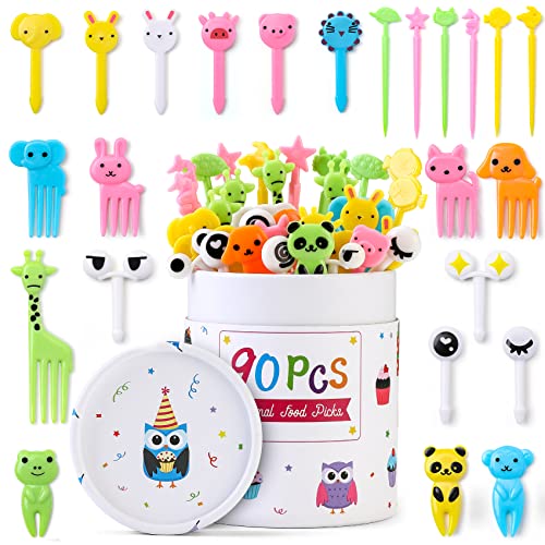 90 Pcs Food Picks for Kids with Cute Storage Box, Cartoon Animals Kids Fruit Toothpicks, Lunch Accessories for Bento Box, Fun Toddler Food Picks - BPA Free