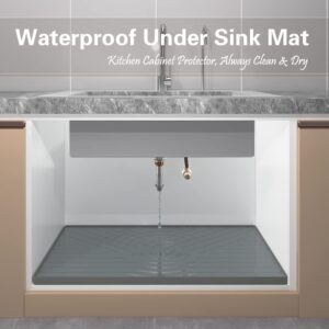 Under Sink Mat, 34"x22" Silicone Under Sink Mats for Kitchen Waterproof, Cabinet Drip Tray, Bottom of Kitchen Under The Sink Mat, Liner Protector with 1" Lip Drain Hole for Leak