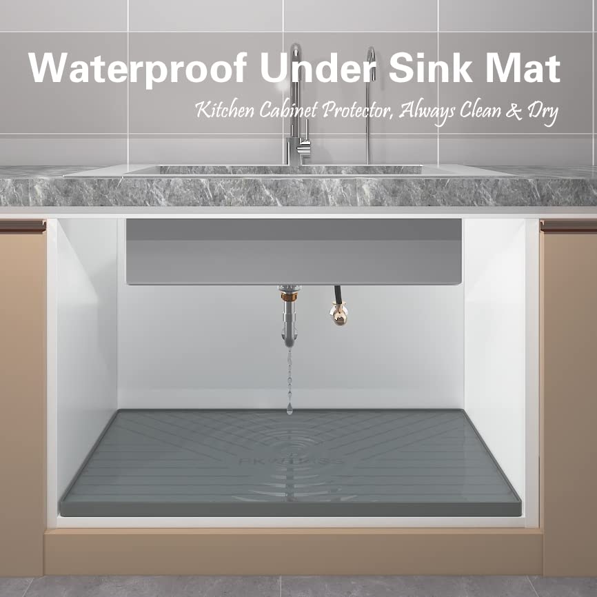 Under Sink Mat, 34"x22" Silicone Under Sink Mats for Kitchen Waterproof, Cabinet Drip Tray, Bottom of Kitchen Under The Sink Mat, Liner Protector with 1" Lip Drain Hole for Leak