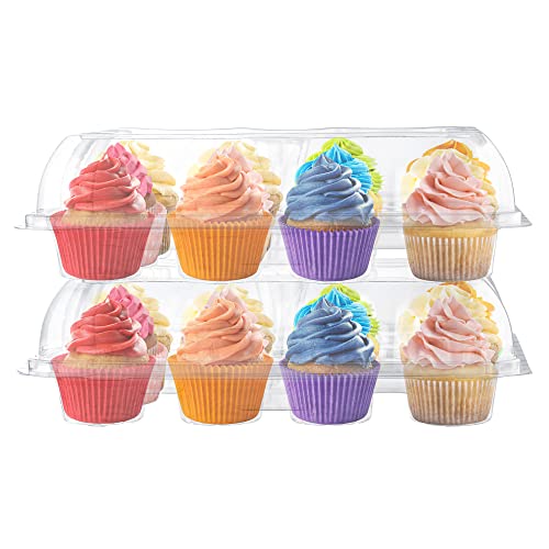 Plastic Cupcake Containers Boxes | 12 Compartment – 8 Pack | Disposable High Dome Dozen Cupcake Holder With Lid Bulk | Extra Sturdy Stackable Cupcake Boxes | Durable Muffin Packaging Transporter To Go