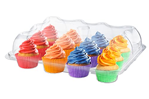 Plastic Cupcake Containers Boxes | 12 Compartment – 8 Pack | Disposable High Dome Dozen Cupcake Holder With Lid Bulk | Extra Sturdy Stackable Cupcake Boxes | Durable Muffin Packaging Transporter To Go