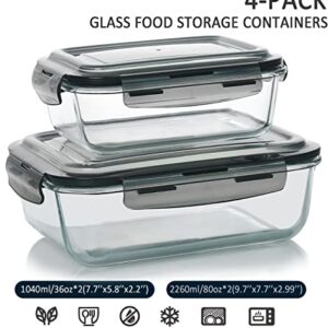 [80 oz & 36 oz]Extra Large Glass Food Storage/Baking Containers Set with Locking Lids, 2 Pack 80 oz(10 cup)&2 Pack 36 oz (4.5 cup)Airtight Glass Container,Microwave,Oven,Freezer and Dishwasher