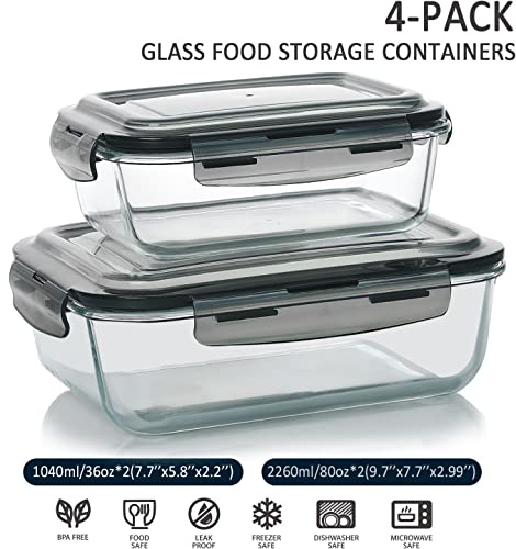 [80 oz & 36 oz]Extra Large Glass Food Storage/Baking Containers Set with Locking Lids, 2 Pack 80 oz(10 cup)&2 Pack 36 oz (4.5 cup)Airtight Glass Container,Microwave,Oven,Freezer and Dishwasher