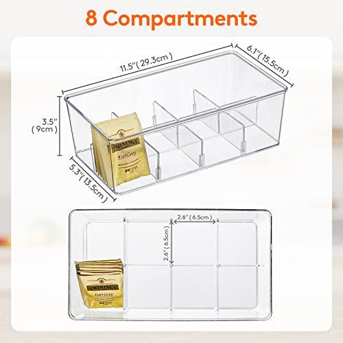 Lifewit 2 Pack Plastic Stackable Tea Bag Organizer, Divided Storage Bin Box for Kitchen Cabinets, Countertops, Pantry, Hold Coffee Pods, Sugar Packets, Condiments, 8 Sections