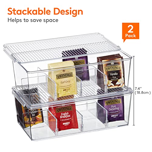 Lifewit 2 Pack Plastic Stackable Tea Bag Organizer, Divided Storage Bin Box for Kitchen Cabinets, Countertops, Pantry, Hold Coffee Pods, Sugar Packets, Condiments, 8 Sections