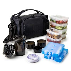 thinkfit insulated meal prep lunch box with 6 bpa-free, reusable, microwavable, freezer safe food portion-control containers, shaker cup, pill organizer, lunch bag with storage pocket – (black)