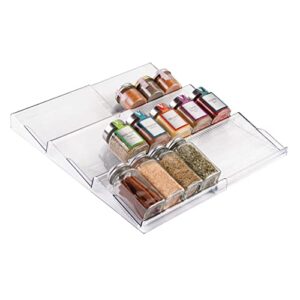 mdesign expandable plastic deluxe spice rack, drawer organizer for kitchen cabinet drawers – 3- tier slanted for spice jar, food seasoning bottle storage, easy install – ligne collection – clear