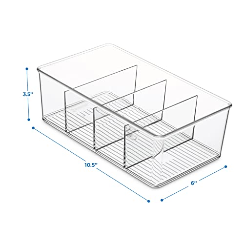 Set Of 4 Plastic Food Storage Organizer Bins - Divided Compartment Holder for Snacks, Packets, Pouches Stackable Fridge Organizers for Freezer, Kitchen, Cabinets - Clear Plastic Pantry Storage Rack