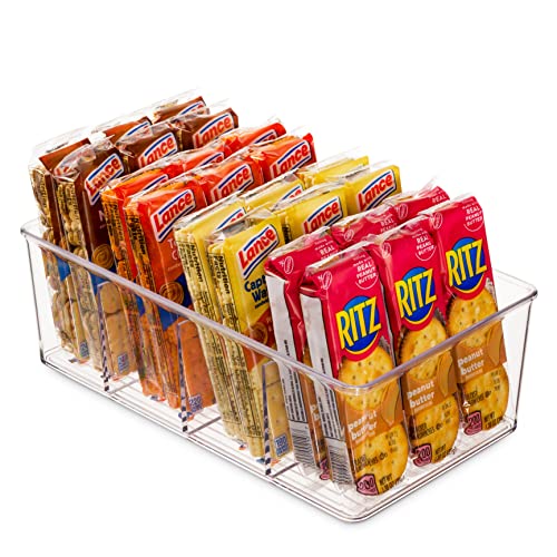 Set Of 4 Plastic Food Storage Organizer Bins - Divided Compartment Holder for Snacks, Packets, Pouches Stackable Fridge Organizers for Freezer, Kitchen, Cabinets - Clear Plastic Pantry Storage Rack