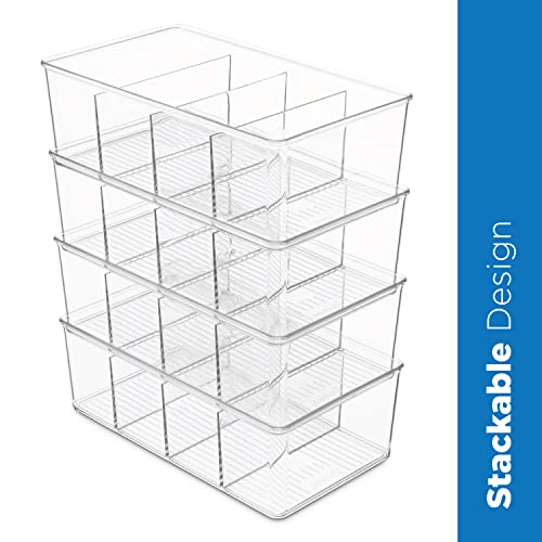 Set Of 4 Plastic Food Storage Organizer Bins - Divided Compartment Holder for Snacks, Packets, Pouches Stackable Fridge Organizers for Freezer, Kitchen, Cabinets - Clear Plastic Pantry Storage Rack