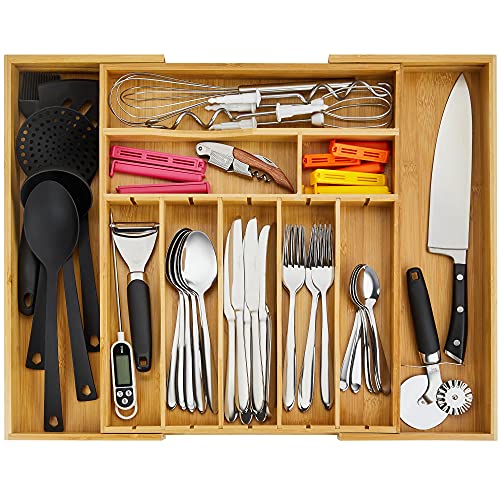 (2.5" Deep) expandable drawer organizer for silverware utensils kitchen gadgets and cutlery flatware organizer for drawer tray / Utensil Tray, large expands from 13.7 - 21.6 Wide X 17L X 2.5H