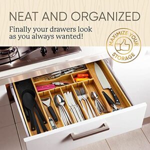 (2.5" Deep) expandable drawer organizer for silverware utensils kitchen gadgets and cutlery flatware organizer for drawer tray / Utensil Tray, large expands from 13.7 - 21.6 Wide X 17L X 2.5H