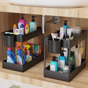 hekaty 2pcs under sink organizer shelf multi-purpose 2 tier under sink organizer and storage bathroom kitchen restroom cabinet organization and storage with cup & hooks cleaning supplies organizer