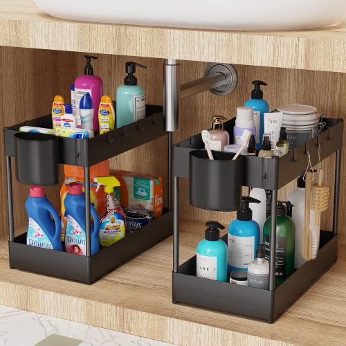 Hekaty 2PCS Under Sink Organizer Shelf Multi-purpose 2 Tier Under Sink Organizer and Storage Bathroom Kitchen Restroom Cabinet Organization and Storage With Cup & Hooks Cleaning Supplies Organizer