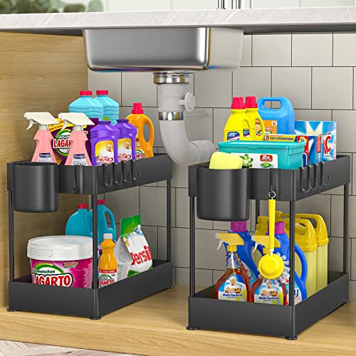 Hekaty 2PCS Under Sink Organizer Shelf Multi-purpose 2 Tier Under Sink Organizer and Storage Bathroom Kitchen Restroom Cabinet Organization and Storage With Cup & Hooks Cleaning Supplies Organizer