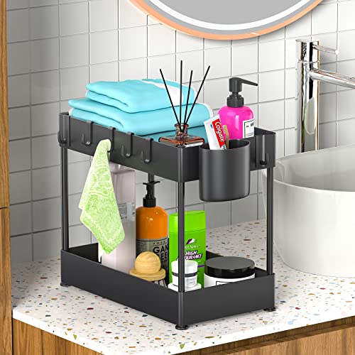 Hekaty 2PCS Under Sink Organizer Shelf Multi-purpose 2 Tier Under Sink Organizer and Storage Bathroom Kitchen Restroom Cabinet Organization and Storage With Cup & Hooks Cleaning Supplies Organizer